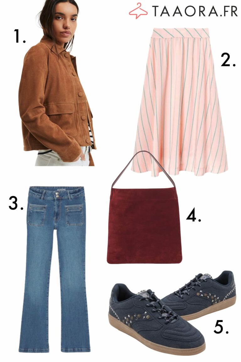Pièces mode de la semaine #217 : blouson en daim camel, jupe rayée rose, jean flare, baskets ...