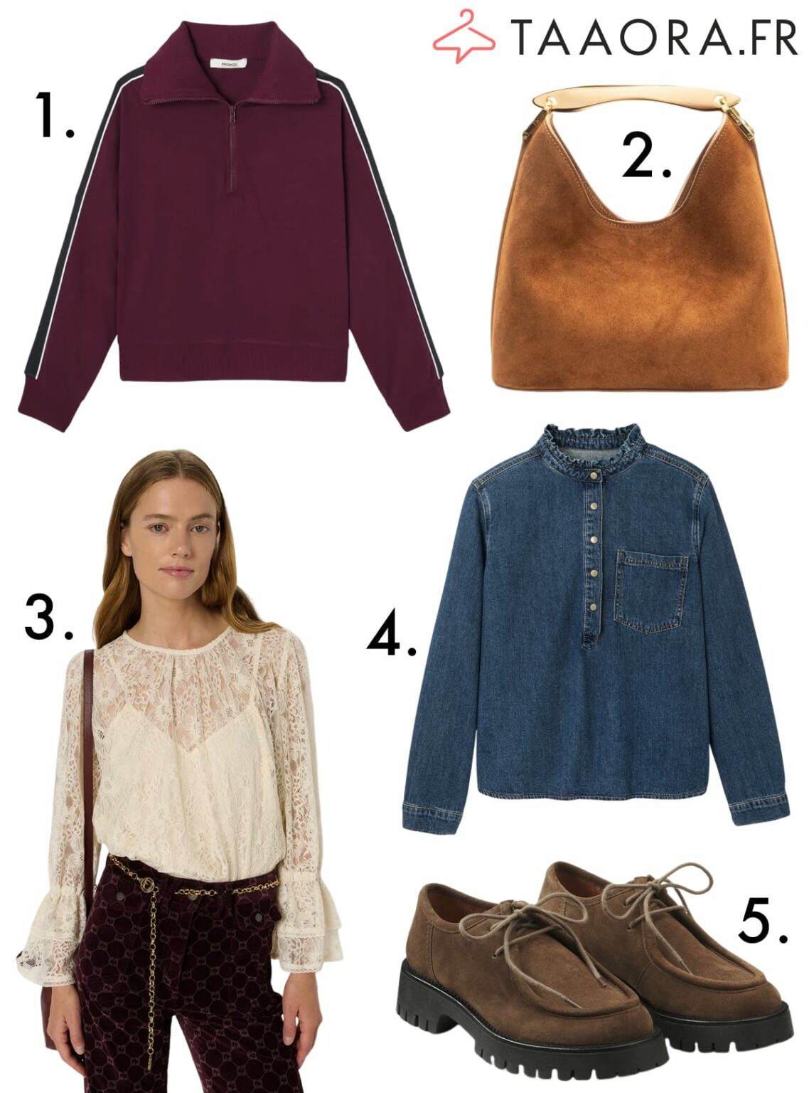 Pièces mode de la semaine #221 : sweat bordeaux rayé, blouse dentelle ...